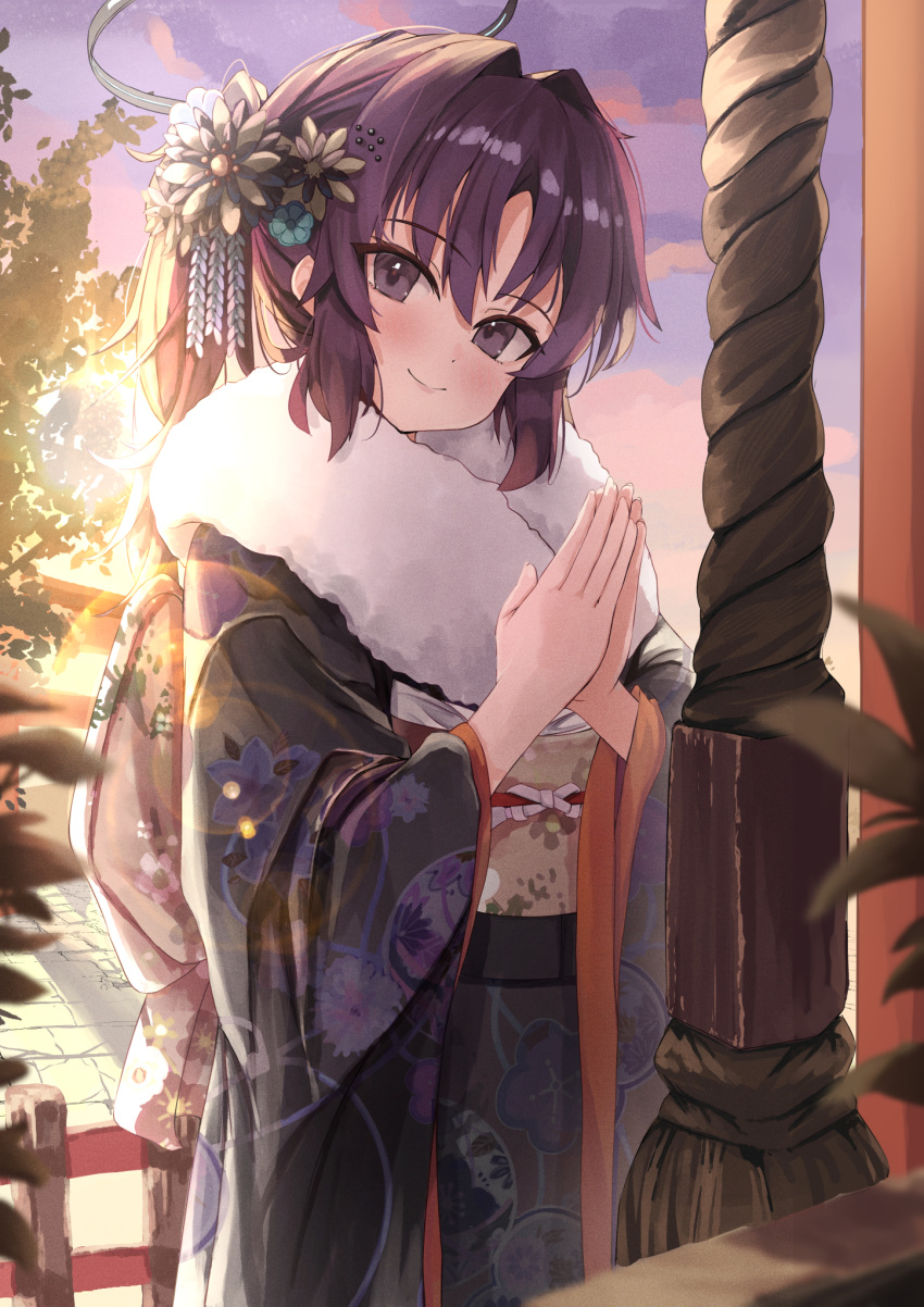 Safebooru - 1girl alternate costume backlighting black kimono blue archive blue flower blurry ...