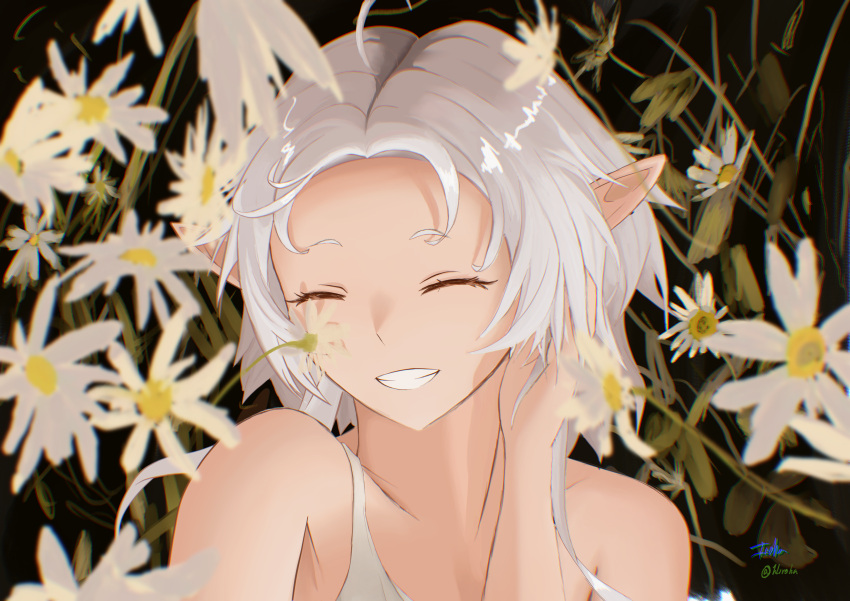 Safebooru - 1girl absurdres bare shoulders clenched teeth closed eyes collarbone daisy elf ...