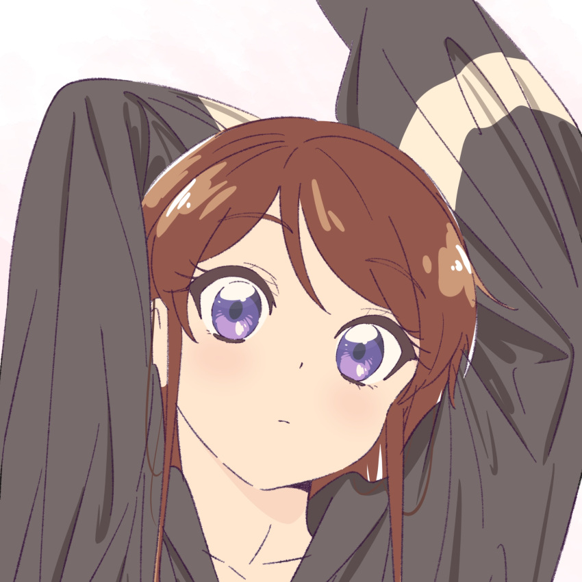 Safebooru - 1girl aikatsu! aikatsu! (series) arm behind head arms up black hoodie brown hair ...