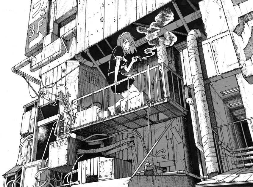 Safebooru - 1girl absurdres apron balcony barefoot building ceiling ...