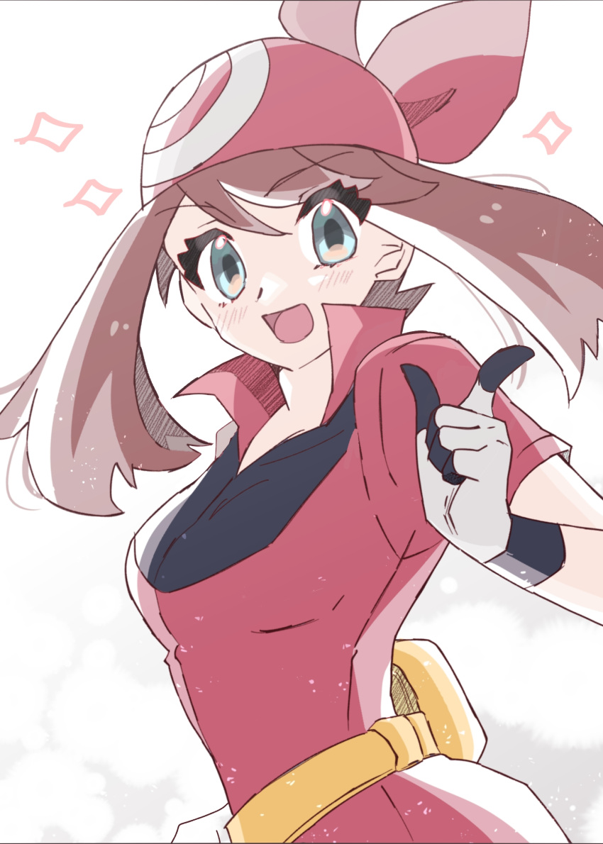 Safebooru - 1girl :d bandana blush brown hair fanny pack gloves grey ...