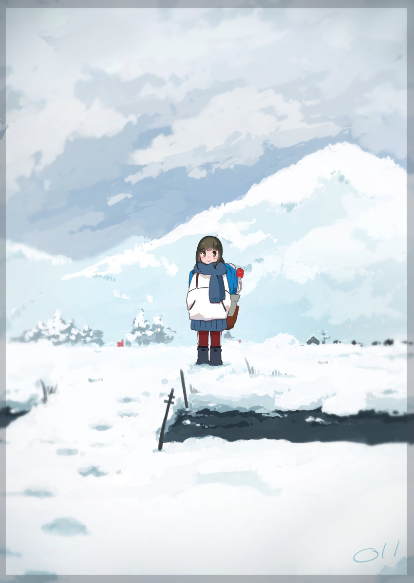 Safebooru - 1girl absurdres backpack bag blue scarf blue skirt blush boots border brown hair ...