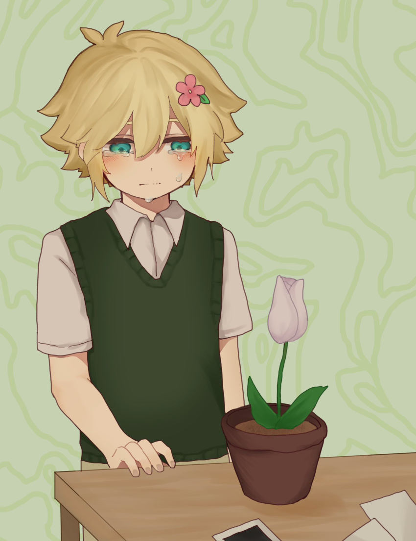 Safebooru - 1boy antenna hair basil (faraway) (omori) basil (omori) blonde hair blue eyes blush ...