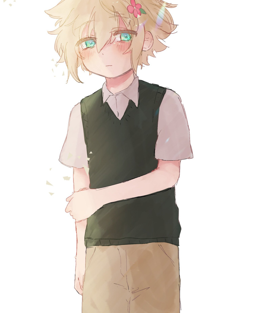 Safebooru - 1boy basil (faraway) (omori) basil (omori) blonde hair blue eyes blush brown shorts ...