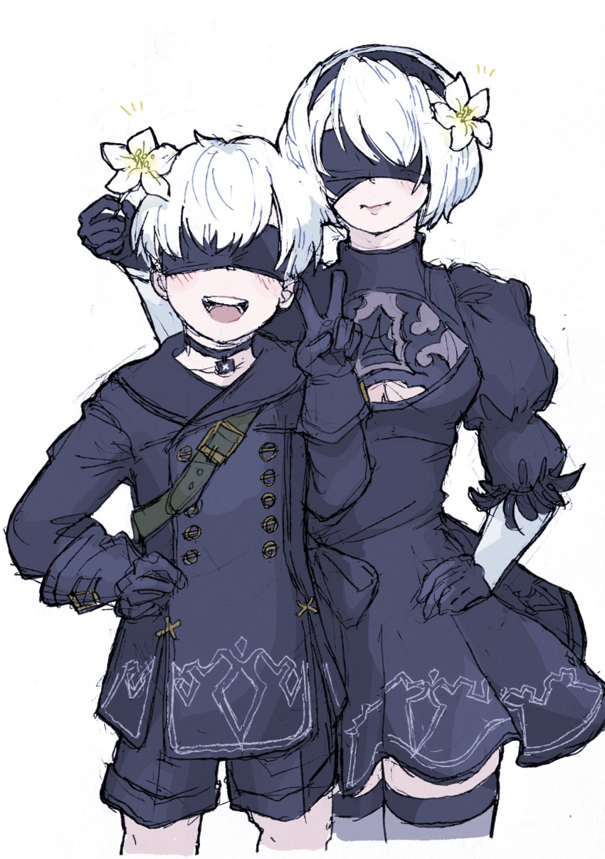 Safebooru - 1boy 1girl 2b (nier:automata) 9s (nier:automata) arm up black blindfold black dress ...