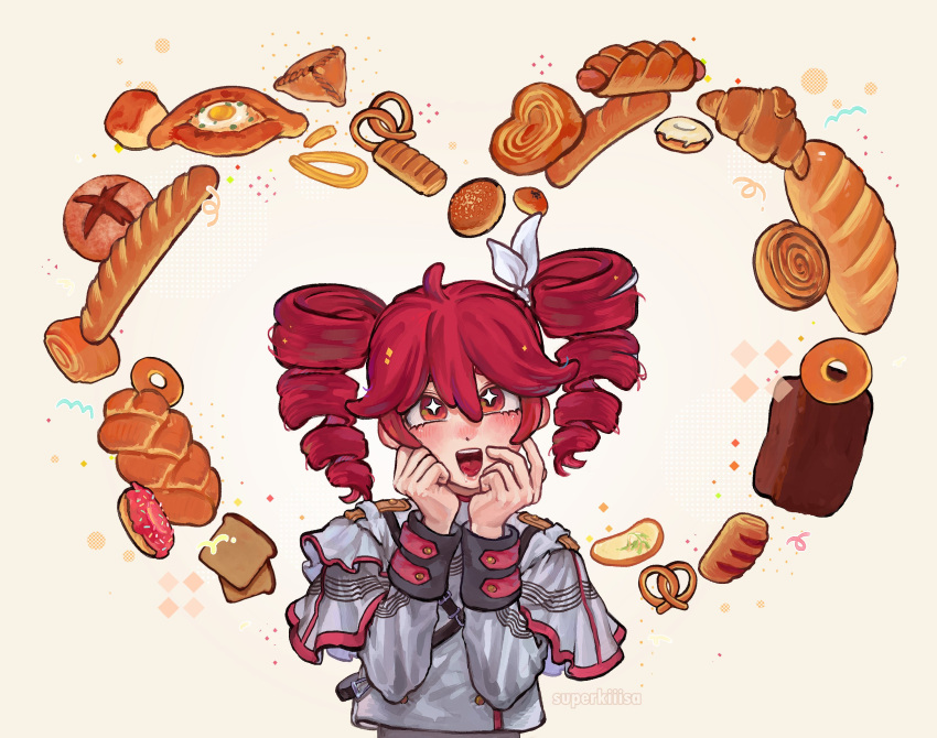 Safebooru - 1girl baguette blush bread commentary doughnut drill hair drooling egg english ...