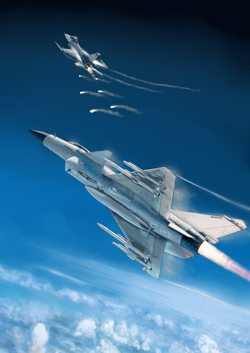 Safebooru - absurdres aerial battle afterburner aircraft airplane battle blue sky canards ...