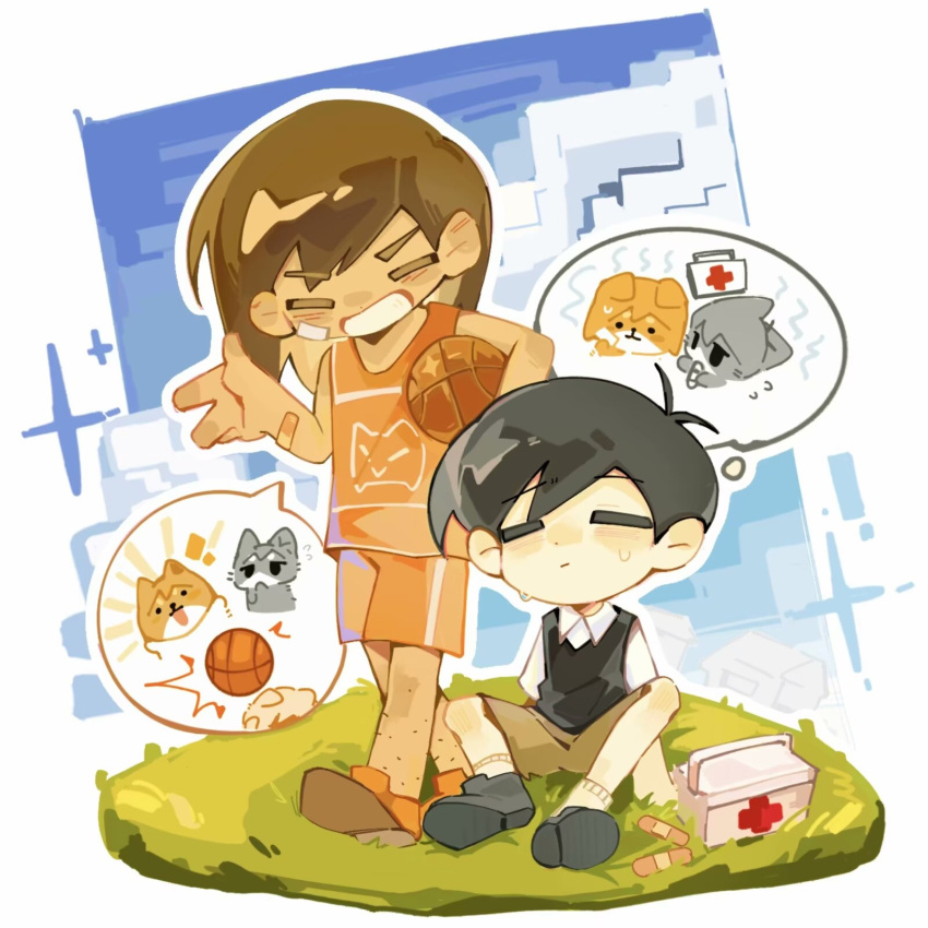 Safebooru - 2boys ball bandaid bandaid on arm bandaid on face ...