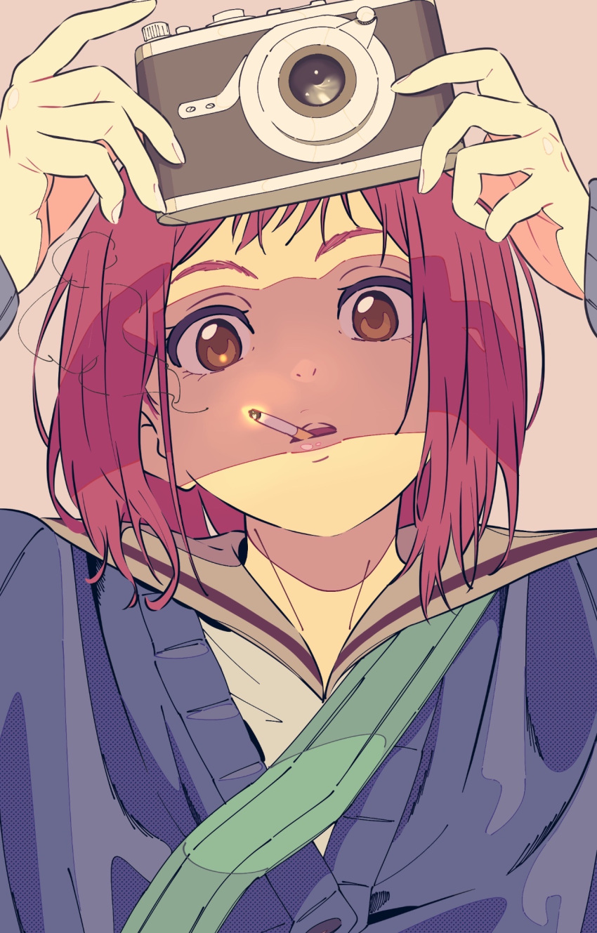 Safebooru - 1girl arms up blue cardigan brown eyes camera cardigan ...