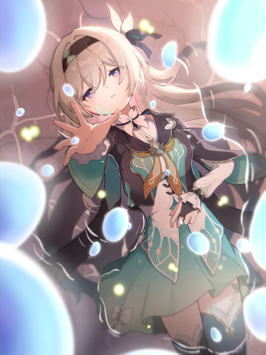 Safebooru - absurdres aqua skirt aqua thighhighs black bridal gauntlets black hairband black ...