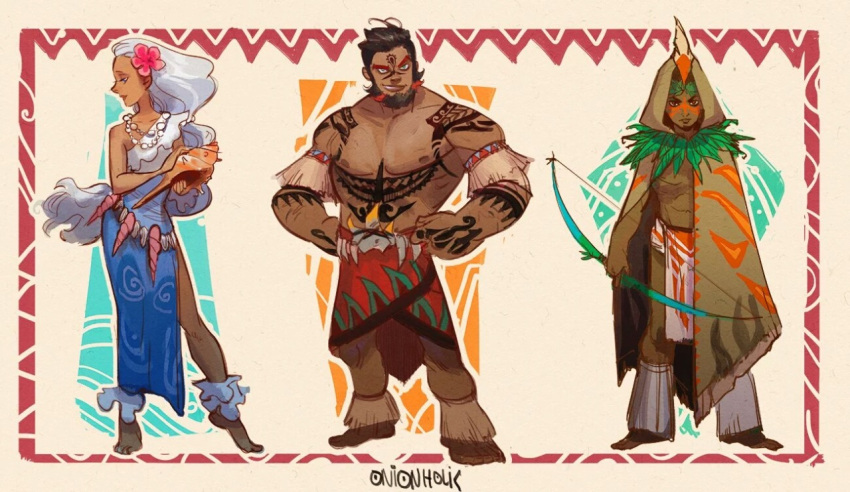 Safebooru - 1girl 2boys barefoot black hair bow (weapon) broad ...