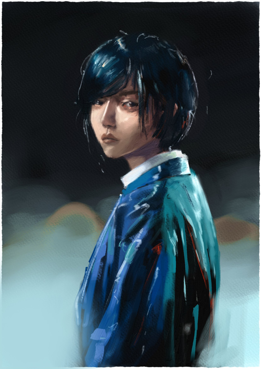 Safebooru - 1girl blue hair blue kimono border brown eyes closed mouth highres japanese clothes ...