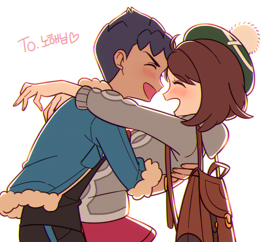 Safebooru - 1boy 1girl arms around neck backpack bag beanie black leggings black shirt blue ...