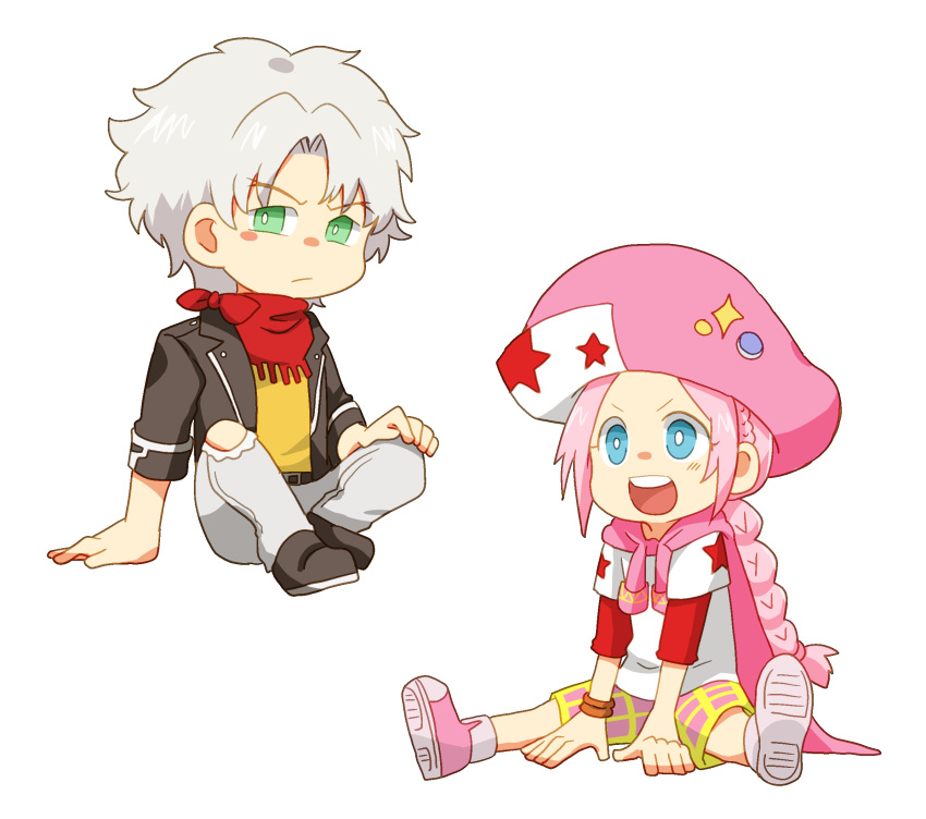 Safebooru - 2boys bandana black jacket blue eyes braid bright pupils ...