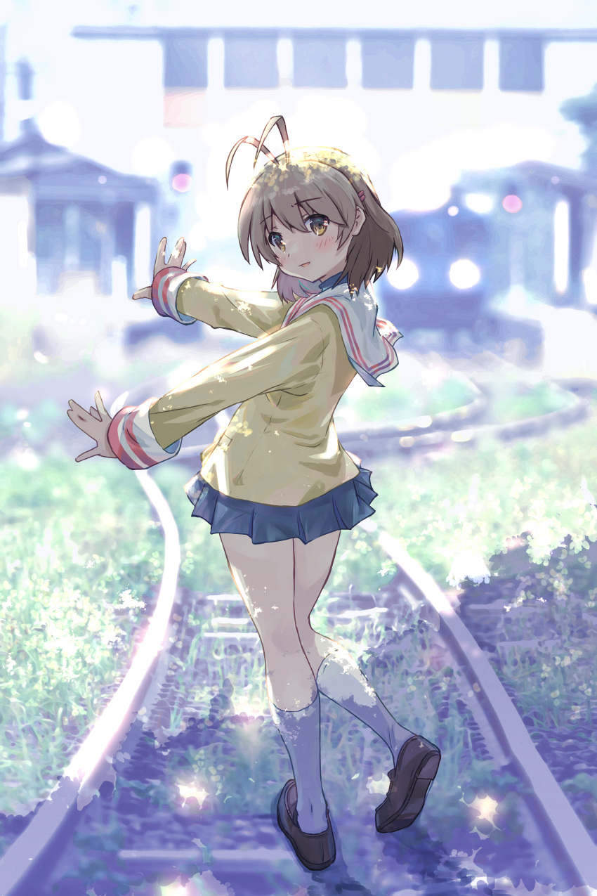 Safebooru - 1girl \||/ absurdres akayama yukihe antenna hair blazer blue skirt blush brown eyes ...