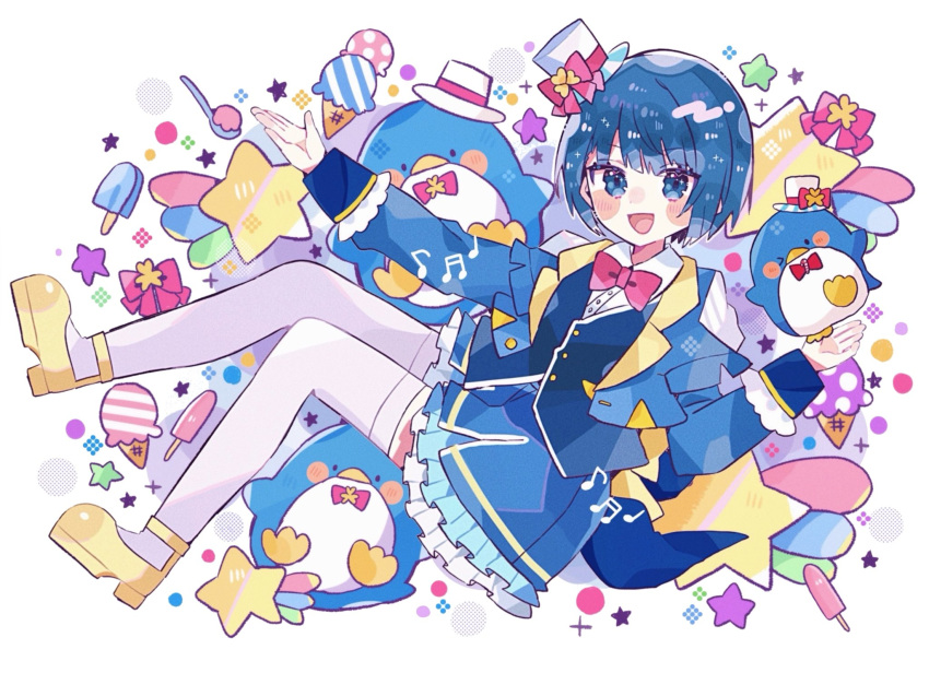 Safebooru - 1girl :d bird blue eyes blue hair flat chest food hat ...