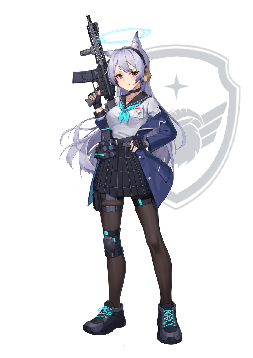 Safebooru - absurdres ammunition pouch animal ears assault rifle black pantyhose blazer blue ...