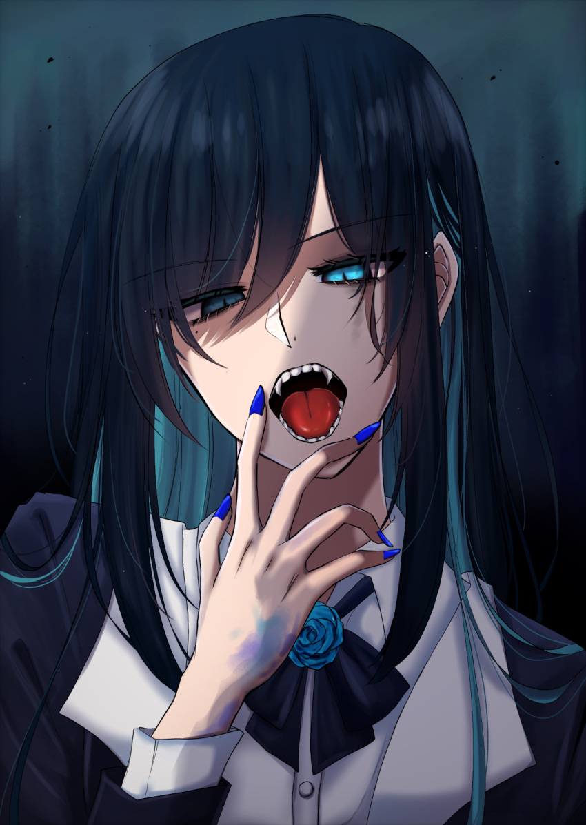 Safebooru - 1girl ado (utaite) black hair blue eyes blue hair blue nails chando (ado) collared ...