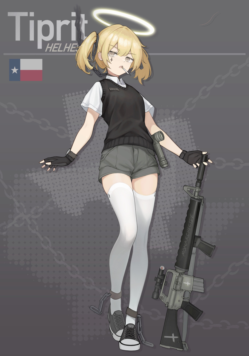Safebooru - 1girl absurdres assault rifle black footwear black gloves ...