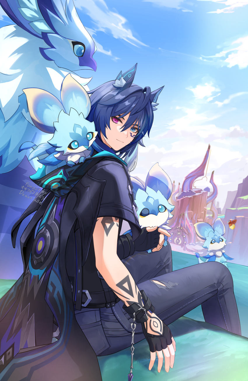 Safebooru - 1boy absurdres black cape black gloves black pants blue eyes blue hair blue sky cape ...