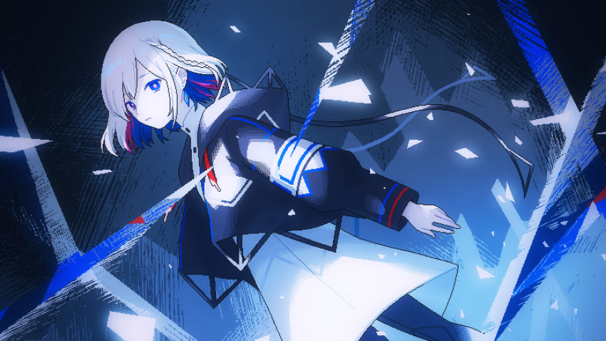 Safebooru - 1girl :/ abstract background absurdres black jacket blue background blue eyes blue ...