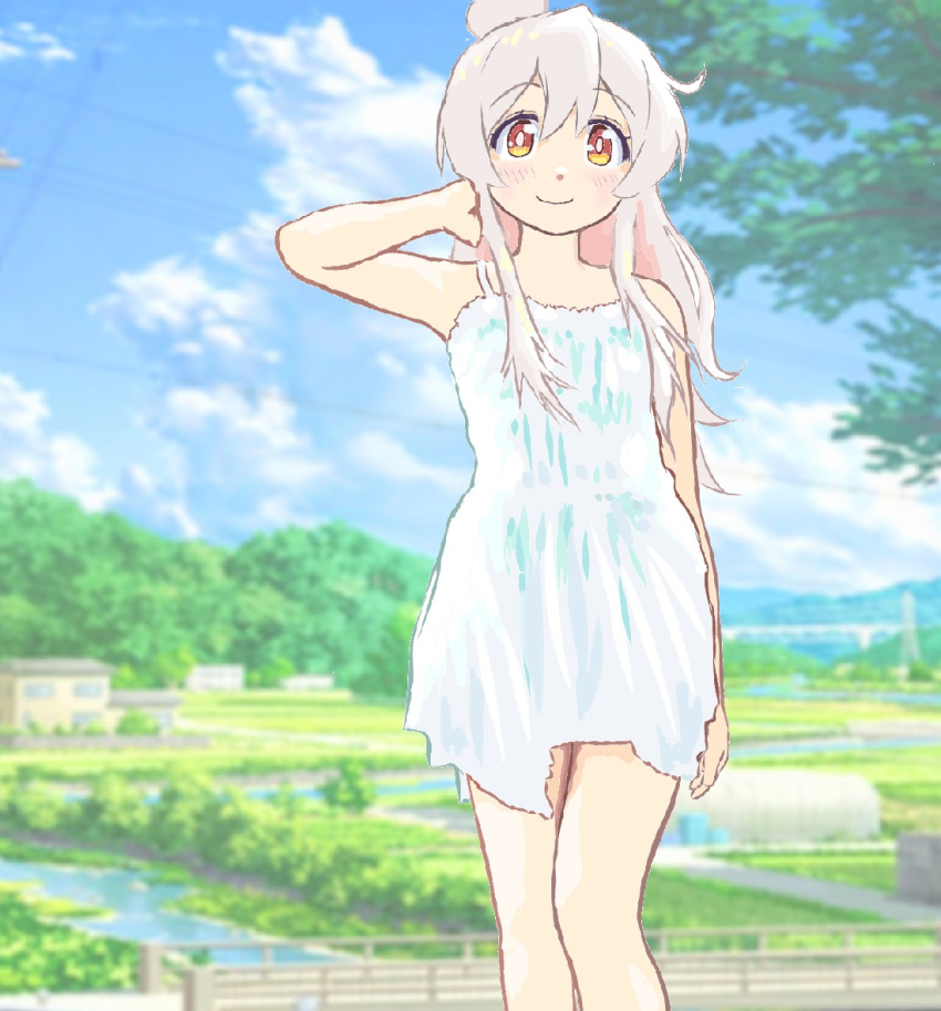 Safebooru - 1girl ahoge blue sky bright pupils building closed mouth colored inner hair day ...