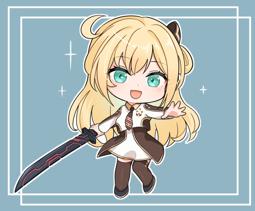 Safebooru - :d ahoge black thighhighs blonde hair blush chibi dress ...