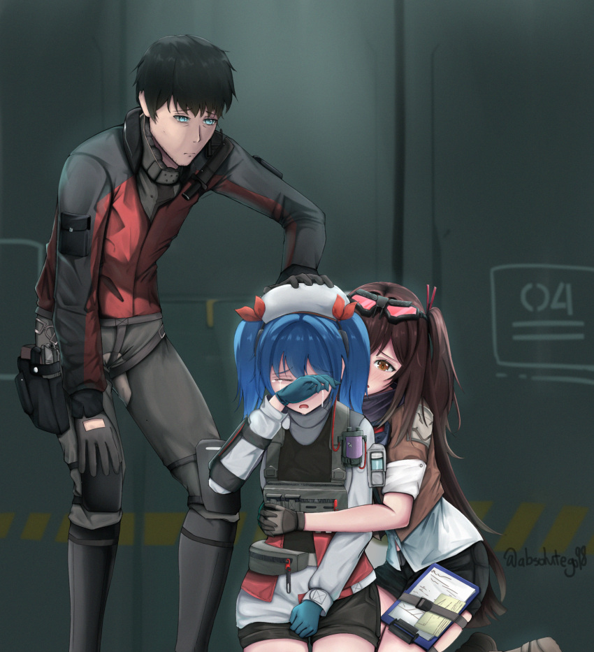 Safebooru - 1boy 2girls arcadeshoujo black gloves black hair black ...