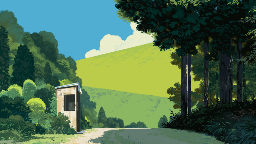 Safebooru - bangqiao yan blue sky bus stop bush clouds day grass highres nature no humans ...