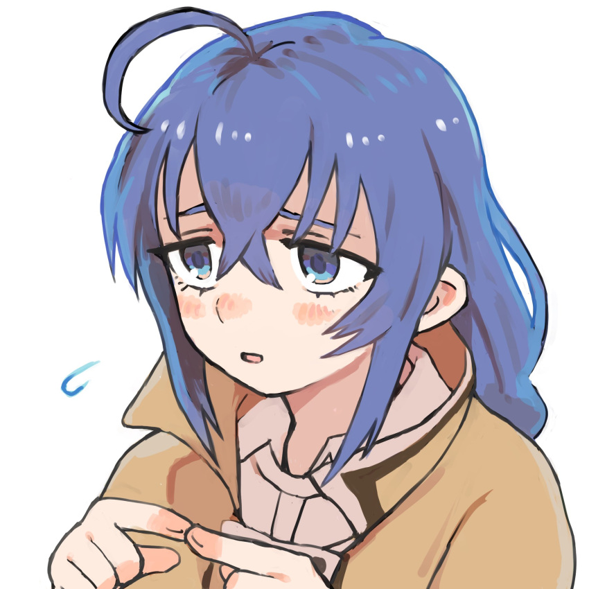 Safebooru - 1girl ahoge blue eyes blue hair crossed bangs fidgeting ...