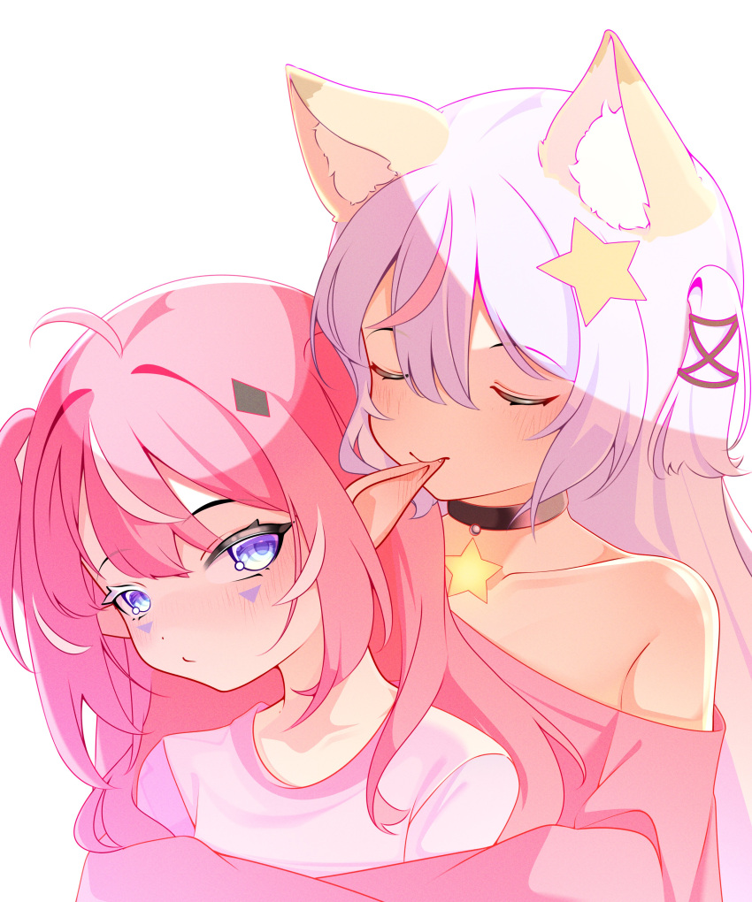 Safebooru - 2girls absurdres ahoge animal ear fluff animal ears annytf biting biting ear blush ...