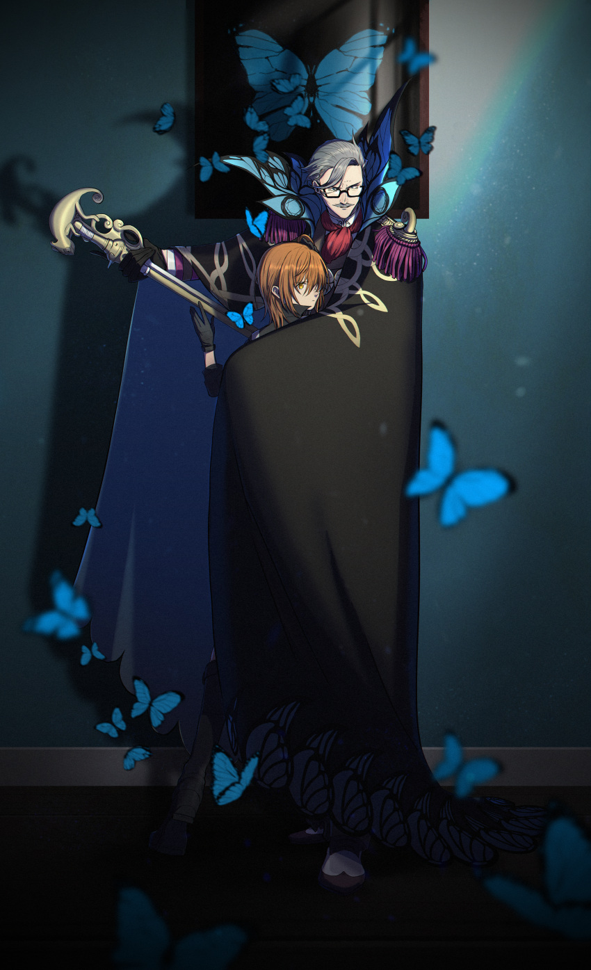 Safebooru - 1boy 1girl absurdres ascot black cape black gloves blue butterfly brown hair bug ...