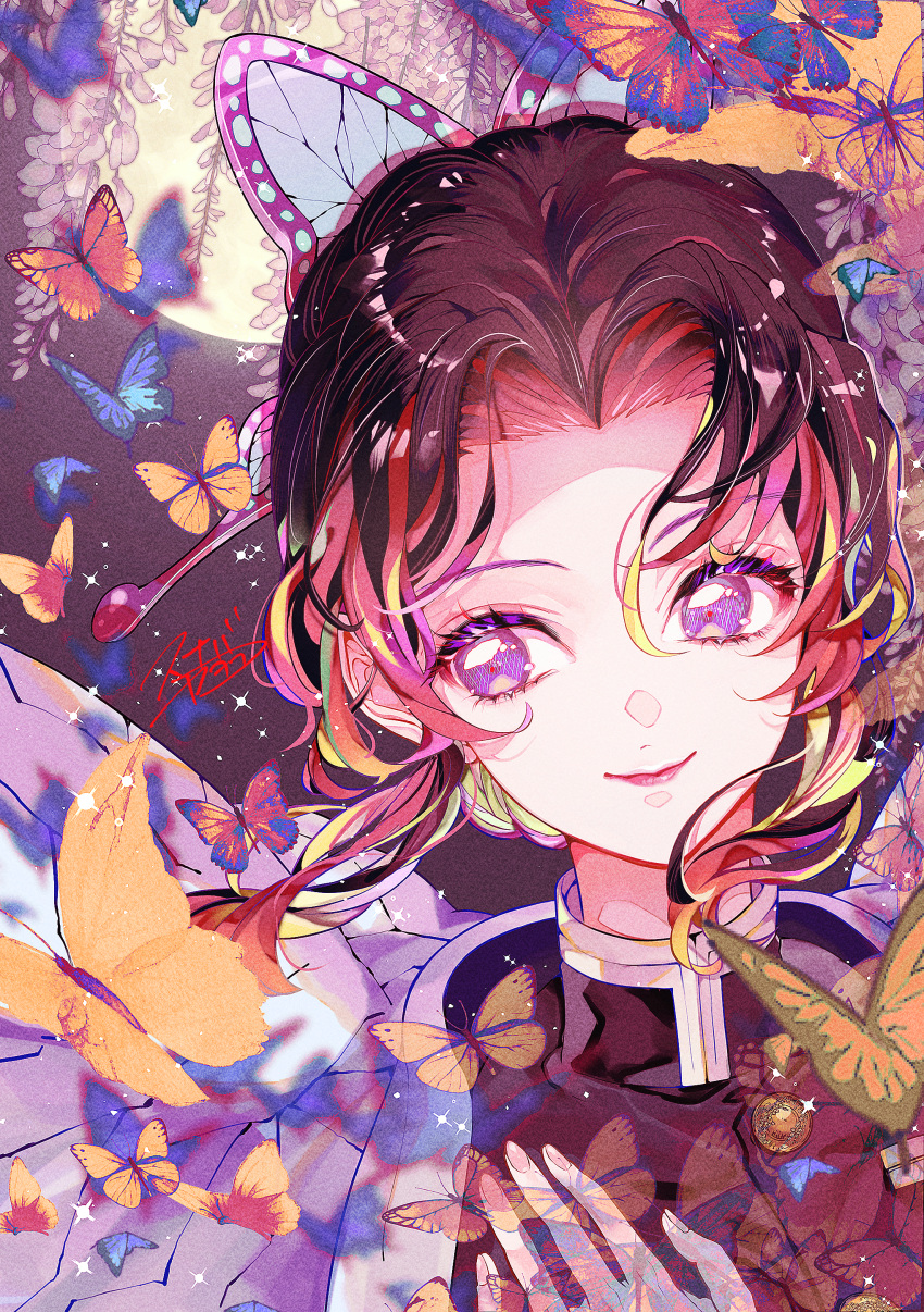 Safebooru - 1girl absurdres black background black hair blue butterfly ...