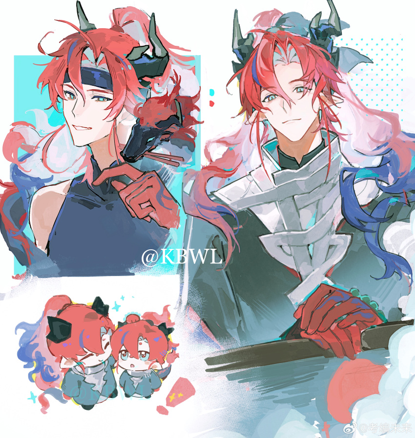 Safebooru - 1boy absurdres aged up aqua eyes arknights black headband black horns blue hair ...