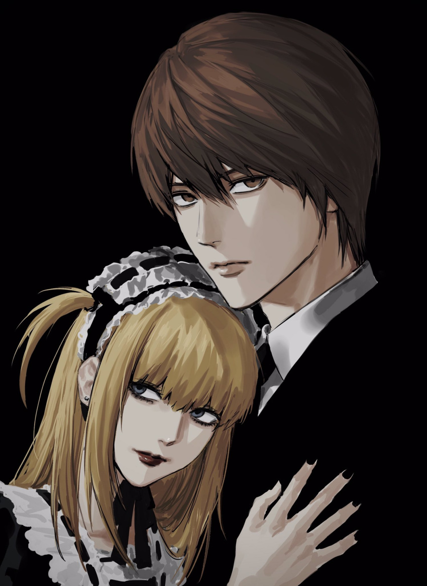 Safebooru - 1boy 1girl amane misa blonde hair brown eyes brown hair ...