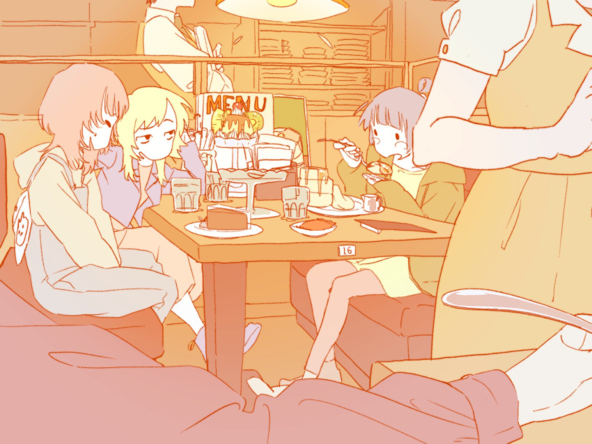 Safebooru - 2boys 4girls booth seating cake cake slice ceiling light cup drinking glass food ...