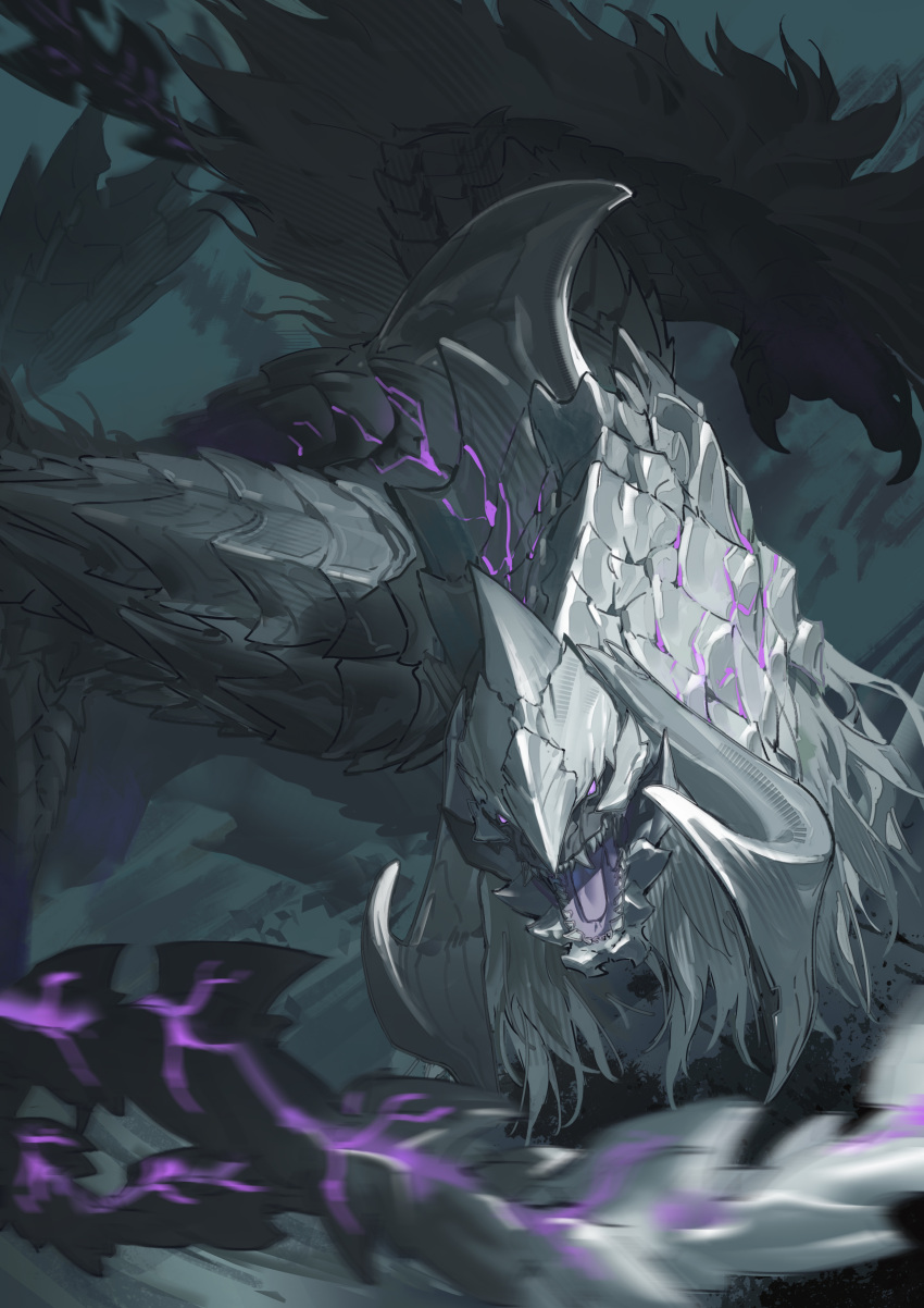 Safebooru - absurdres arkveld chin spike clawed hands claws grey hair grey scales highres horns ...