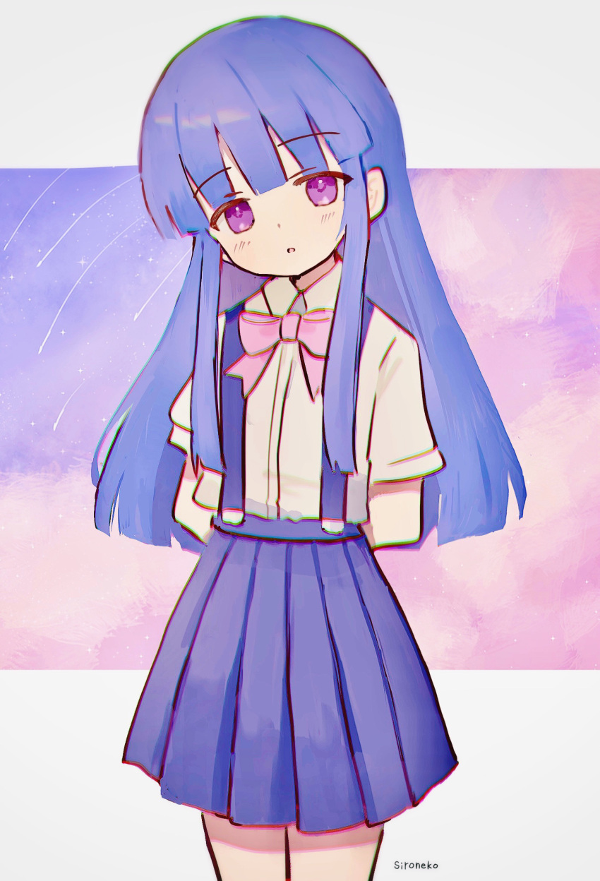 Safebooru - 1girl amemiya shirone arms behind back artist name blue hair blue skirt border bow ...