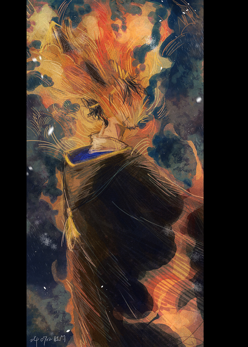 Safebooru - 1boy beard black hair black robe burning dated facial hair ...