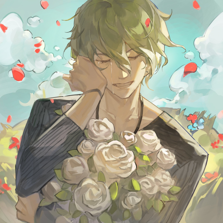 Safebooru - 1boy amami rantaro blue sky bouquet check commentary closed ...