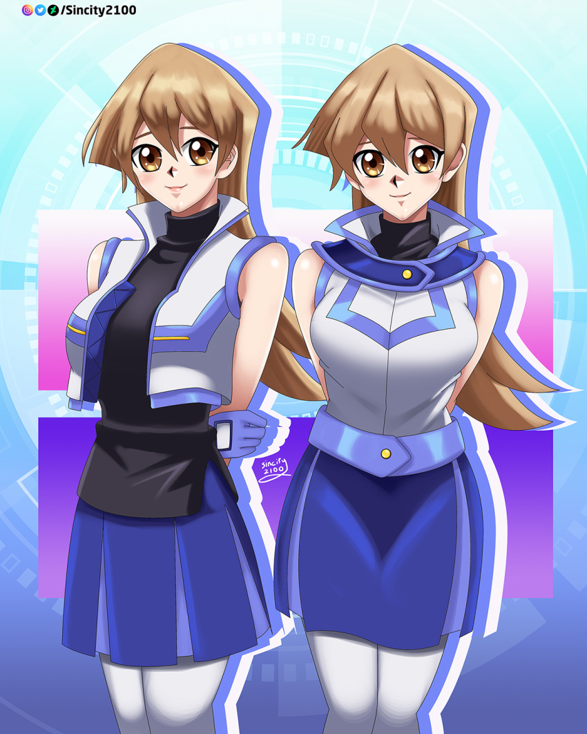 Safebooru - 2girls alternate costume arms behind back blonde hair blue skirt blush crossover ...