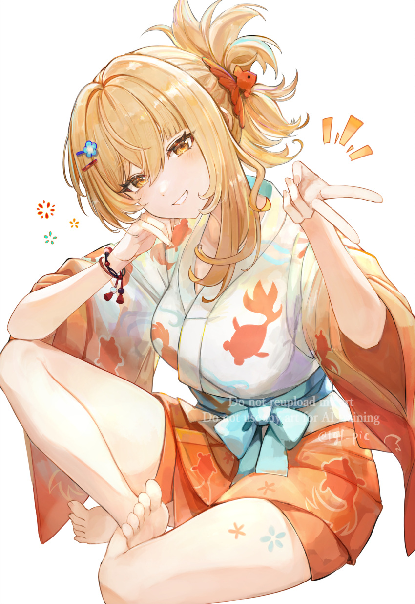Safebooru - 1girl animal print blonde hair blush breasts fish hair ornament fish print genshin ...