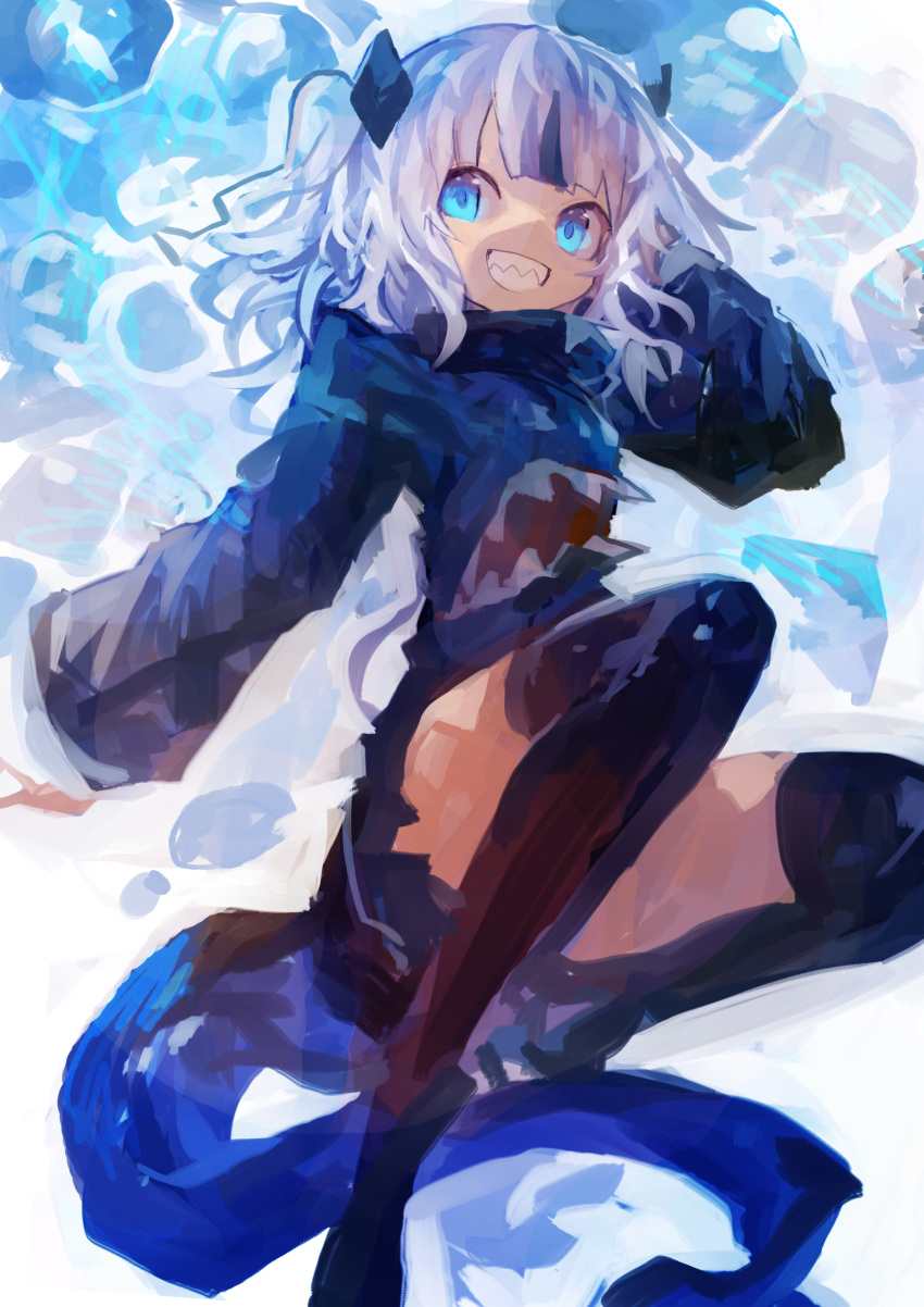 Safebooru - 1girl absurdres animal costume arm up black thighhighs blue eyes blue hair blue ...