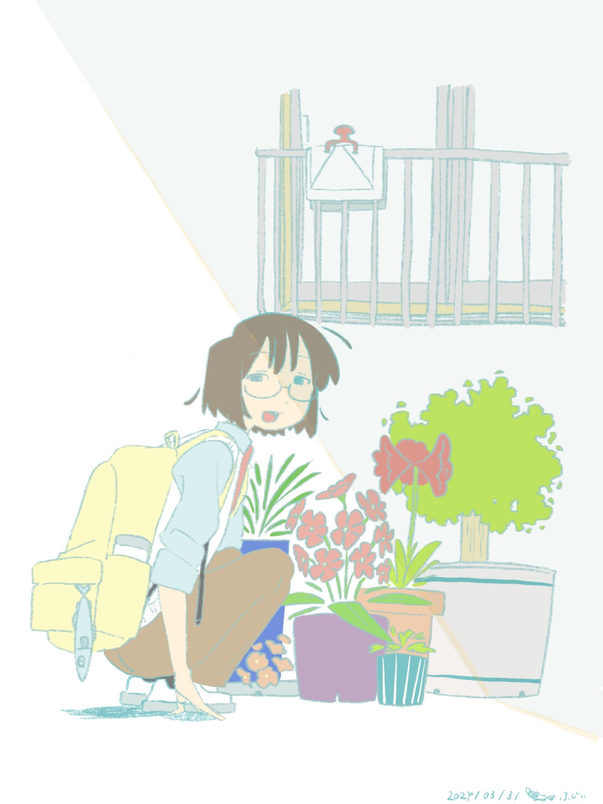 Safebooru - 1girl brown hair flower flower pot full body glasses ...