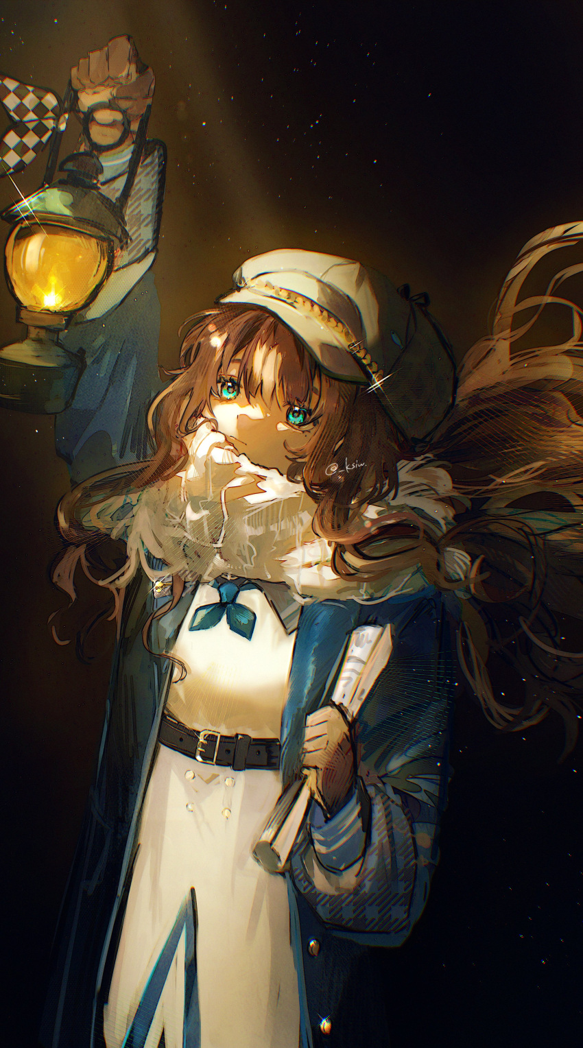 Safebooru - 1girl absurdres arm up black background blue coat blue eyes brown gloves brown hair ...