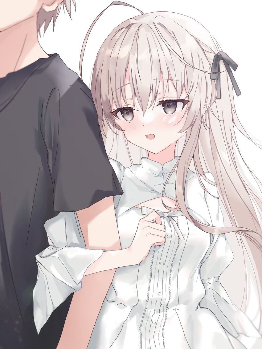 Safebooru - 1boy 1girl ahoge black shirt brother and sister dress grey eyes highres kasugano ...