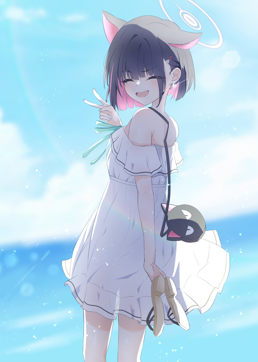 Safebooru - 1girl :d ^ ^ absurdres alternate costume animal ears arm at side backlighting bag ...