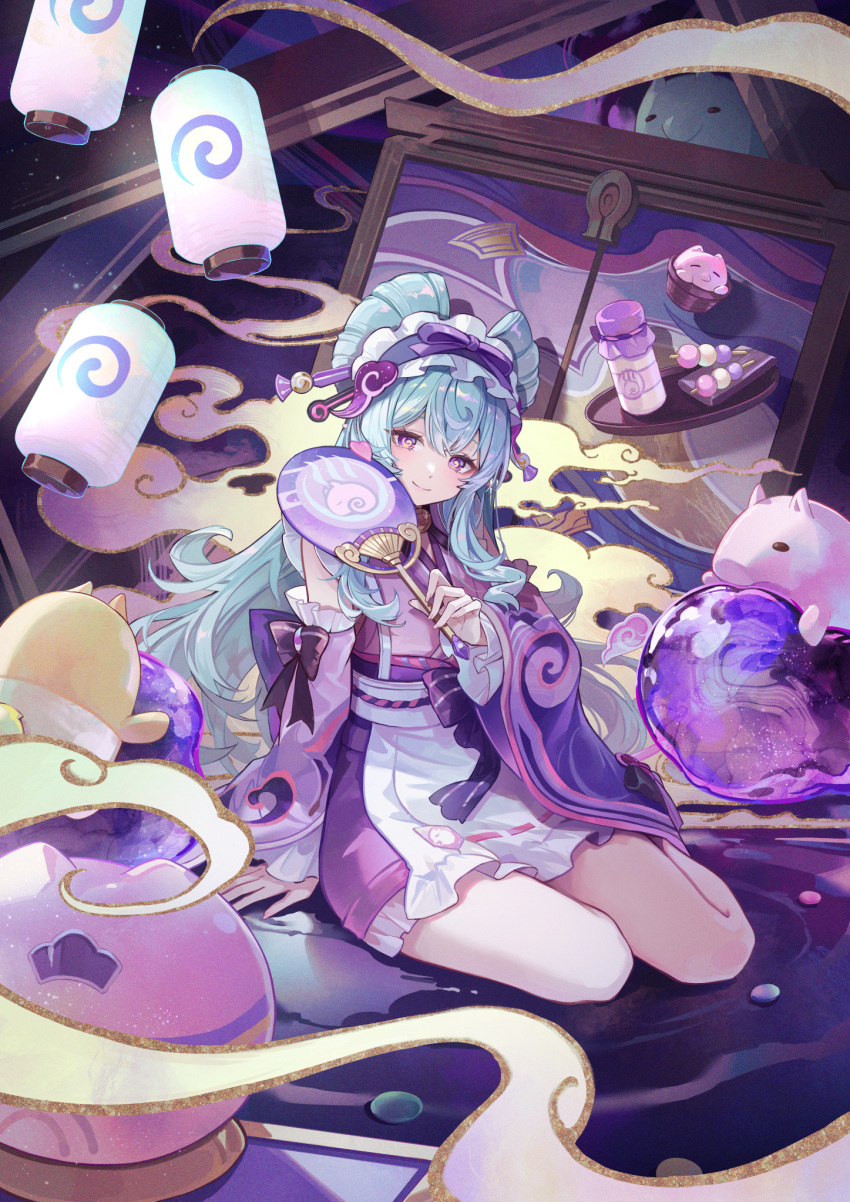 Safebooru - 1girl @ @ aqua hair bell commentary request dango dango milk (genshin impact) food ...