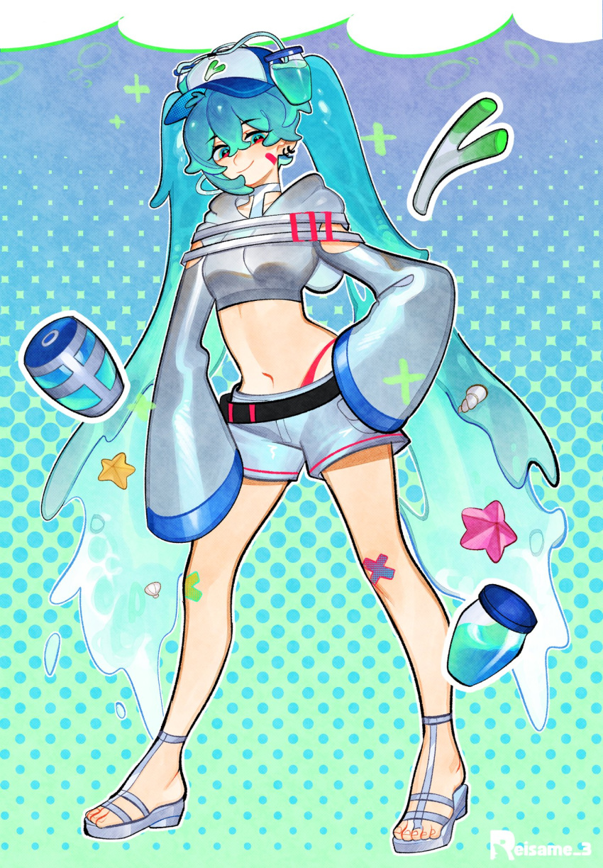 Safebooru - 1girl alternate costume aqua eyes aqua hair belt crop top fortnite hat hatsune miku ...