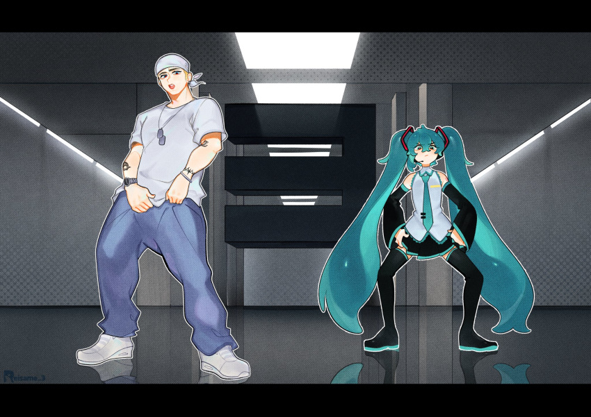 Safebooru - 1boy 1girl aqua eyes aqua hair bandana eminem hatsune miku ...